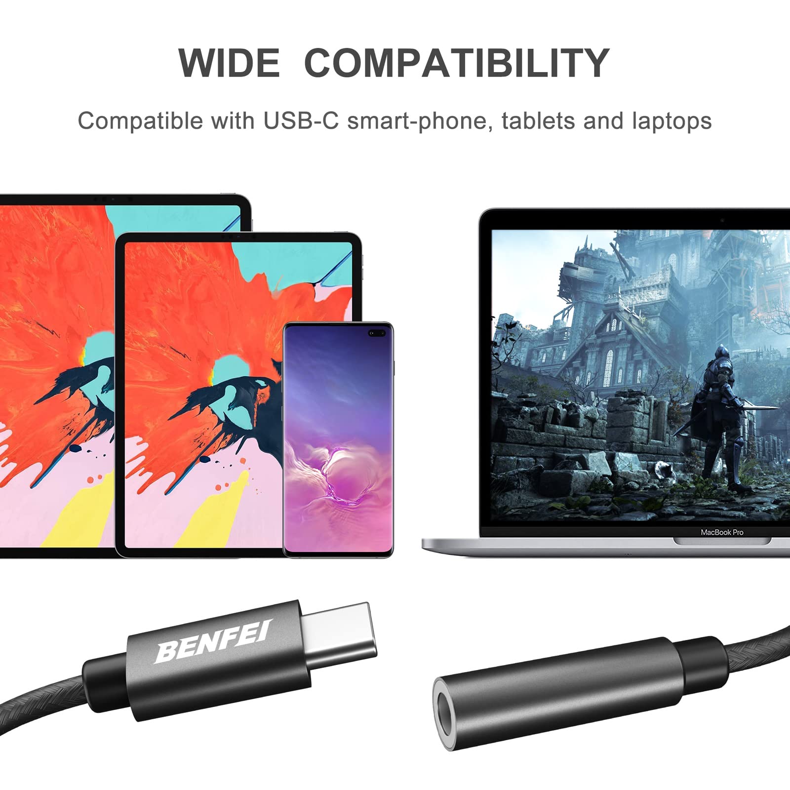 BENFEI USB-C to 3.5mm Headphone Jack Adapter, USB Type-C to 3.5mm Adapter Nylon Cable [DAC Hi-Res] Compatible with iPad Pro New 2018 2019, Pixle 2/XL/3,HTC, Samsung S10/S8/S9/Note 8 - Black