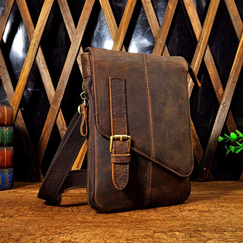 Le'aokuu Mens Genuine Leather Coffee Fanny Small Messenger Shoulder Satchel Waist Bag Pack (Dark Brown Large)