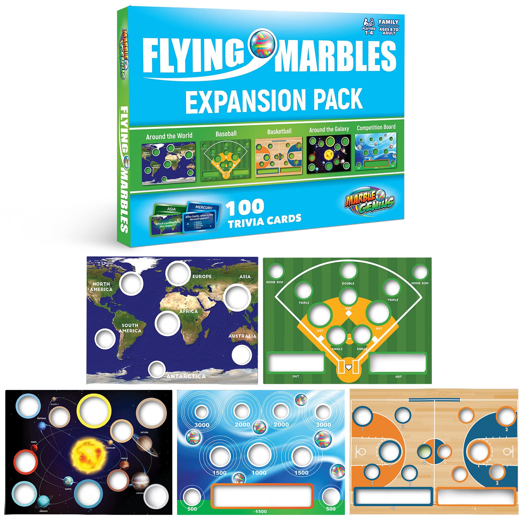 Marble Genius Flying Marbles Expansion Pack - 5 Boards + 100 Trivia Cards Set, Experience The Thrill of Racing, Includes an App with Additional Challenges That is Perfect for Kids, Teens, and Adults