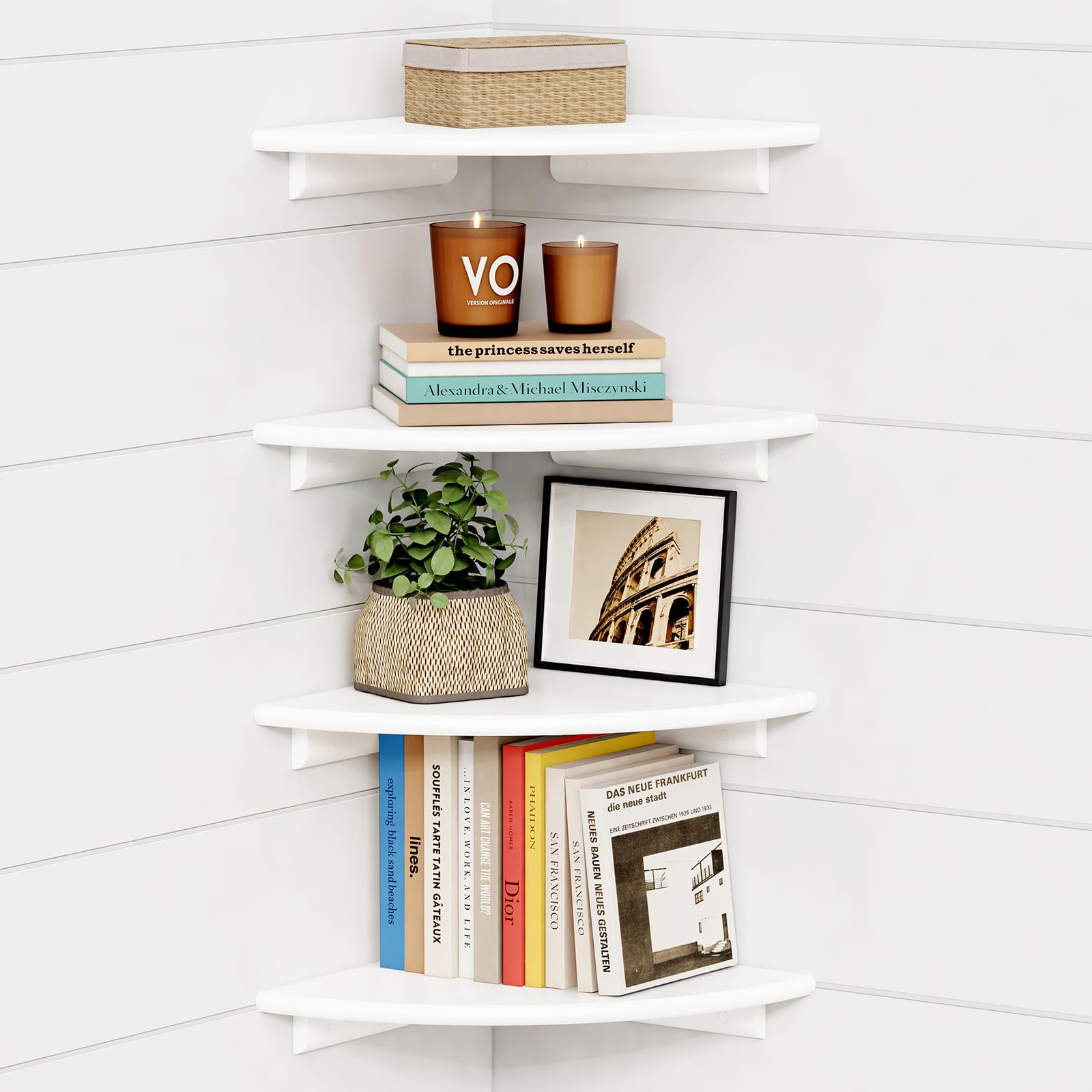 Forbena Corner White Floating Book Shelves for Wall Set of 4, Wood Nursery Corner Bookshelf for Kids Bedroom, Large Modern Round Wall Bookshelves for Living Room Decor, Indoor Plants, Bathroom
