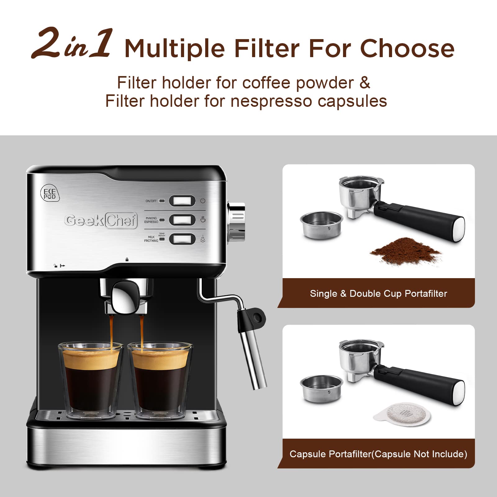 Geek Chef Espresso Machine Coffee Machine 20 Bar Pump Cappuccino latte Maker with ESE POD capsules filter&Milk Frother Steam Wand, 1.5L Water Tank, for Home Barista, Stainless steel 950W