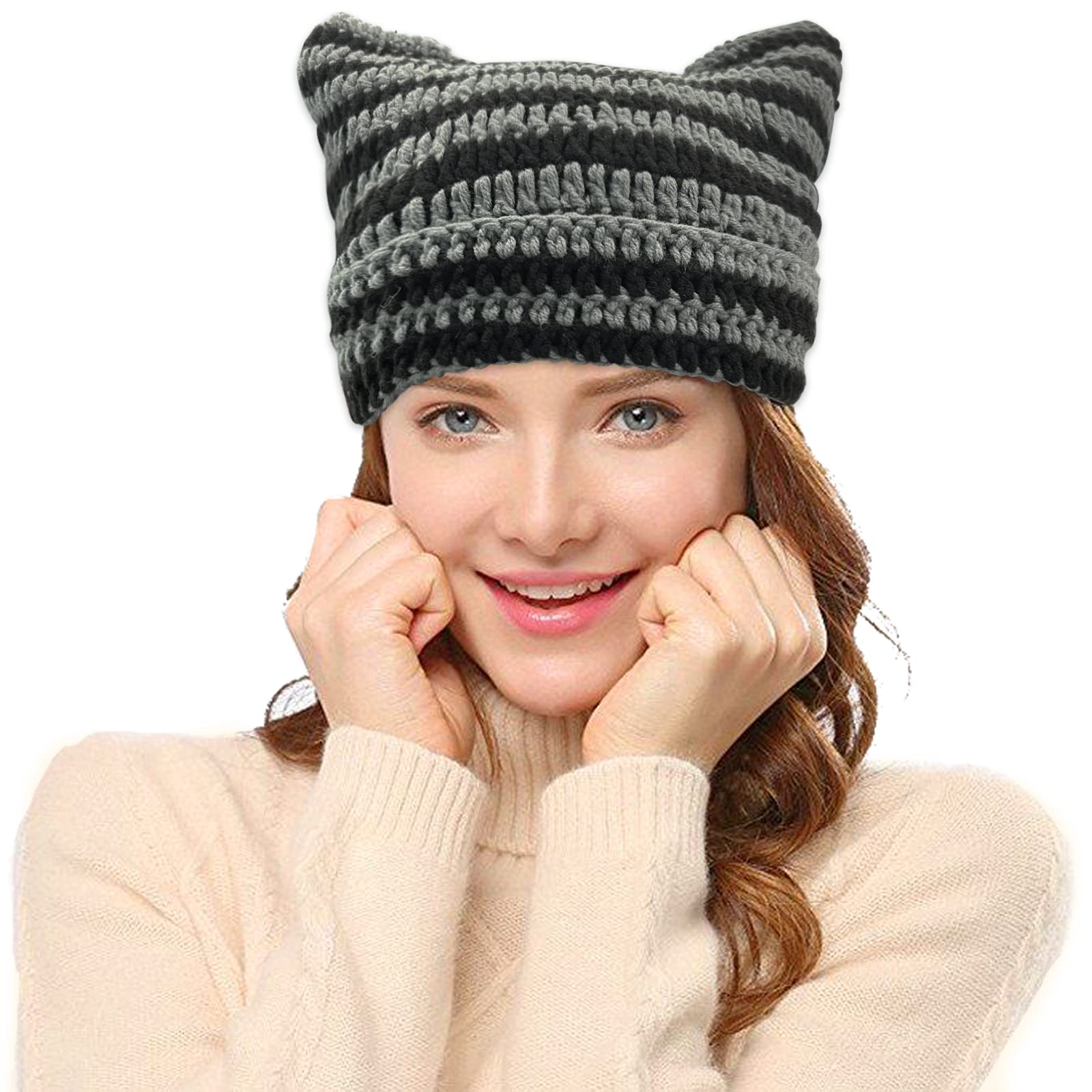Cat Ear Beanie for Women Knitted Crochet Fox Hat with Striped Winter Cap Y2K Accessories Grunge Goth Slouchy Beanies Black