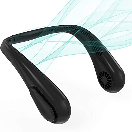 panergy Portable Neck Fan, Hands-Free Bladeless Neck Fan, 5000 mAh Battery Operated Wearable Personal Fan, Max 21H Working Time, Headphone Design, 4 Speeds, for Travel, Hiking, Outdoors (Black)