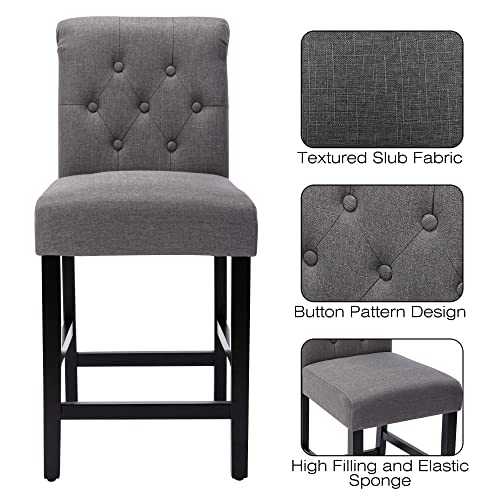 GOTMINSI Bar Stools for Kitchen Island 24 Inches, Set of 4 Fabric Barstools Upholstered Back Counter Height Bar Stools with Button Tufted Decoration Leisure Style Wooden Bar Chairs(Grey)