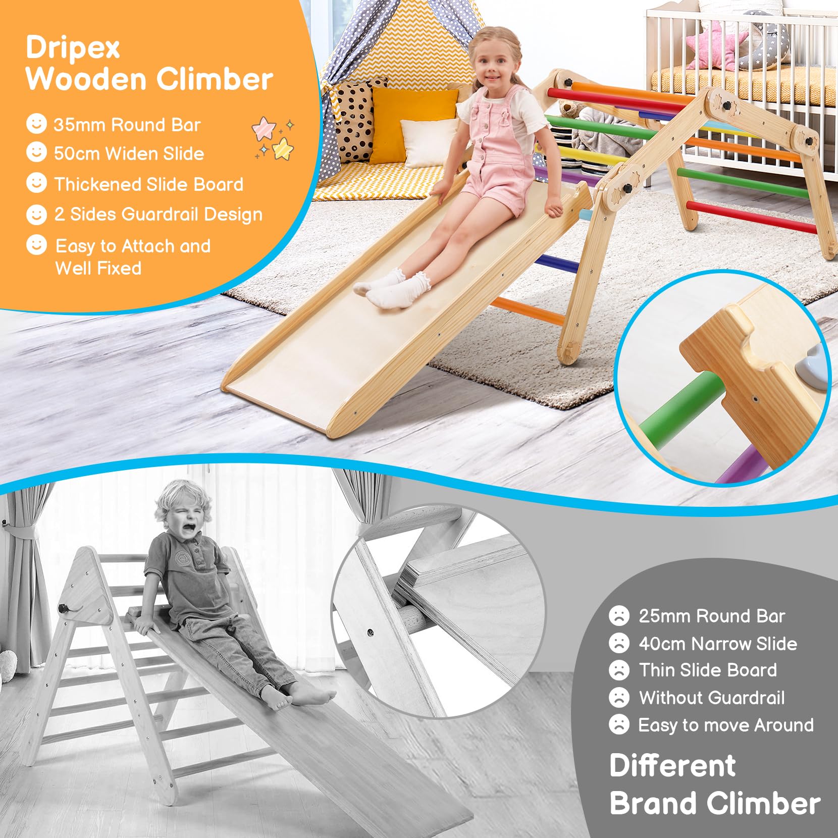Dripex Pikler Triangle Set, Foldable 20-in-1 Climbing Triangle with Thickened 2-in-1 Ramp, Montessori Wooden Indoor Playground and Gym for Toddlers(Colorful)