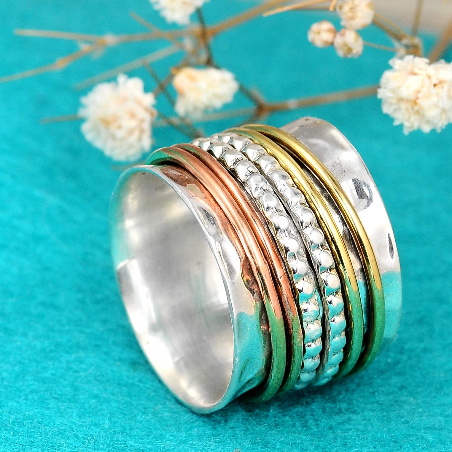 Boho-Magic 925 Sterling Silver Spinner Ring with Brass and Copper Fidget Rings for Women Wide Band (10)