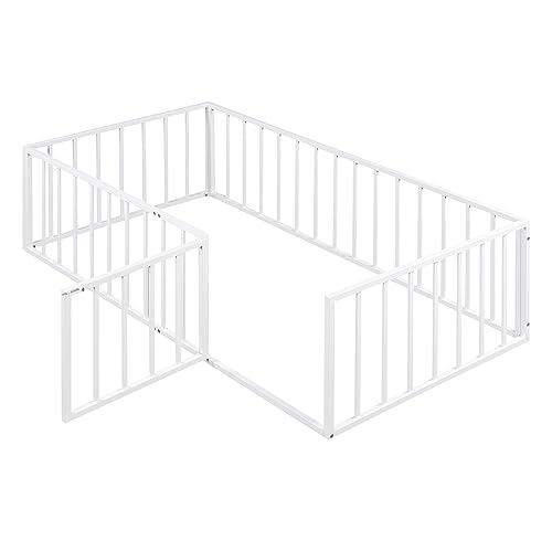DNYN Twin Size Metal Floor Bed Frame with Door for Kids Bedroom,Metal Struture Bedframe w/Fence,No Box Spring Needed,77" x 41.1"x 21.7"H, White