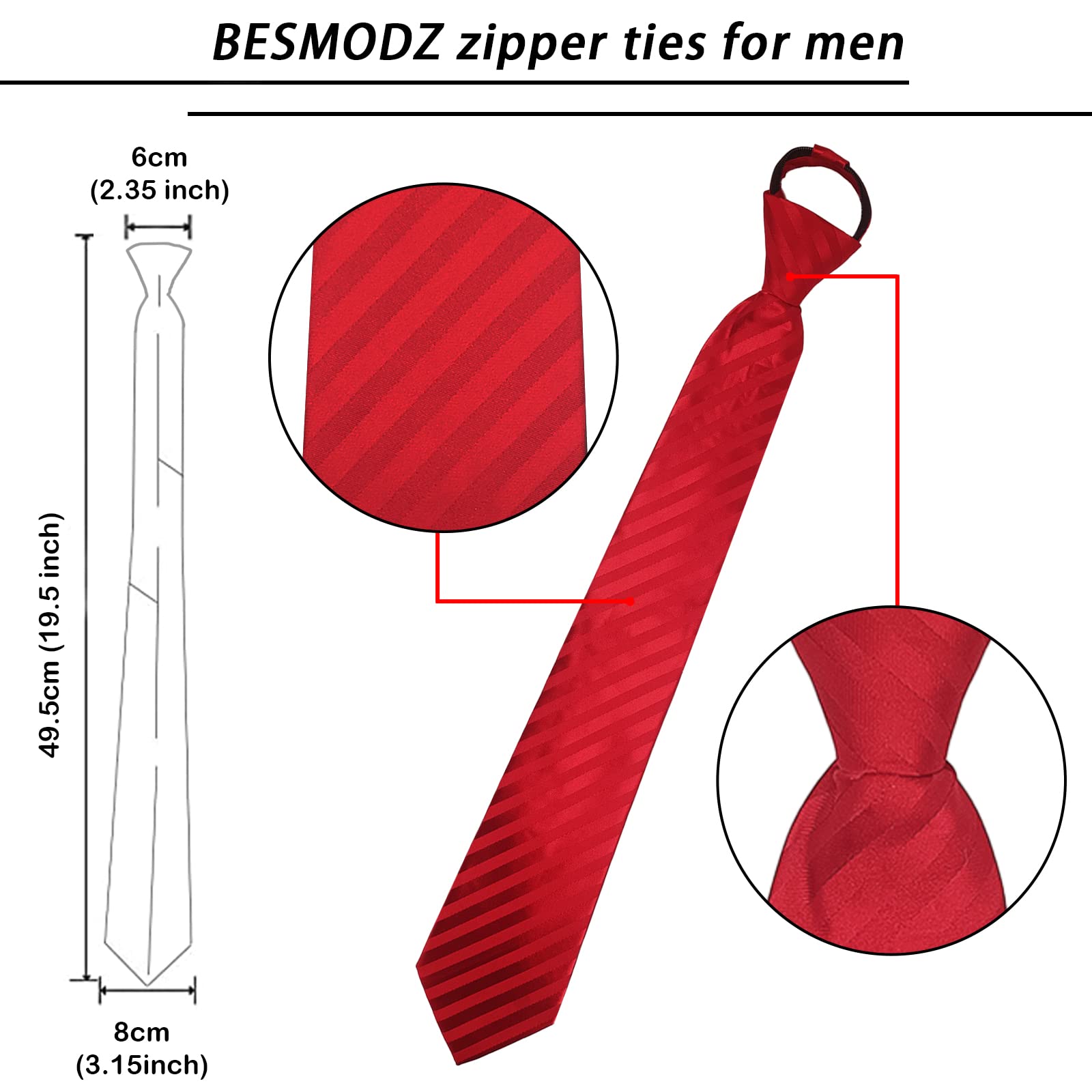BESMODZ Zipper Ties for Men Clip on Ties Men's Zip Up Lot 6P Classic Adjustable Easy Pretied Solid Color Necktie Set