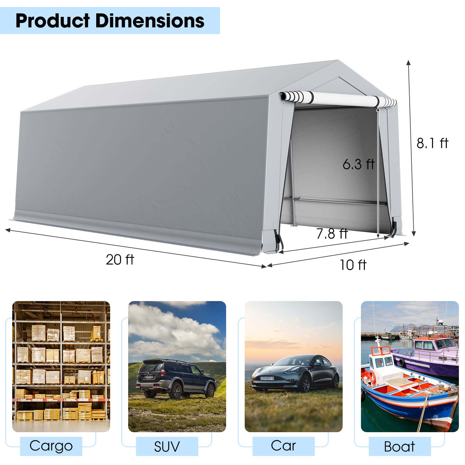 Tangkula 10x20Ft Heavy-Duty Carport, Outdoor Portable Garage with Reinforced Triangular Beams, Galvanized Steel Frame, All-Season Metal Car Canopy with 2 Removable Doors for Car, Truck, SUV, Boat