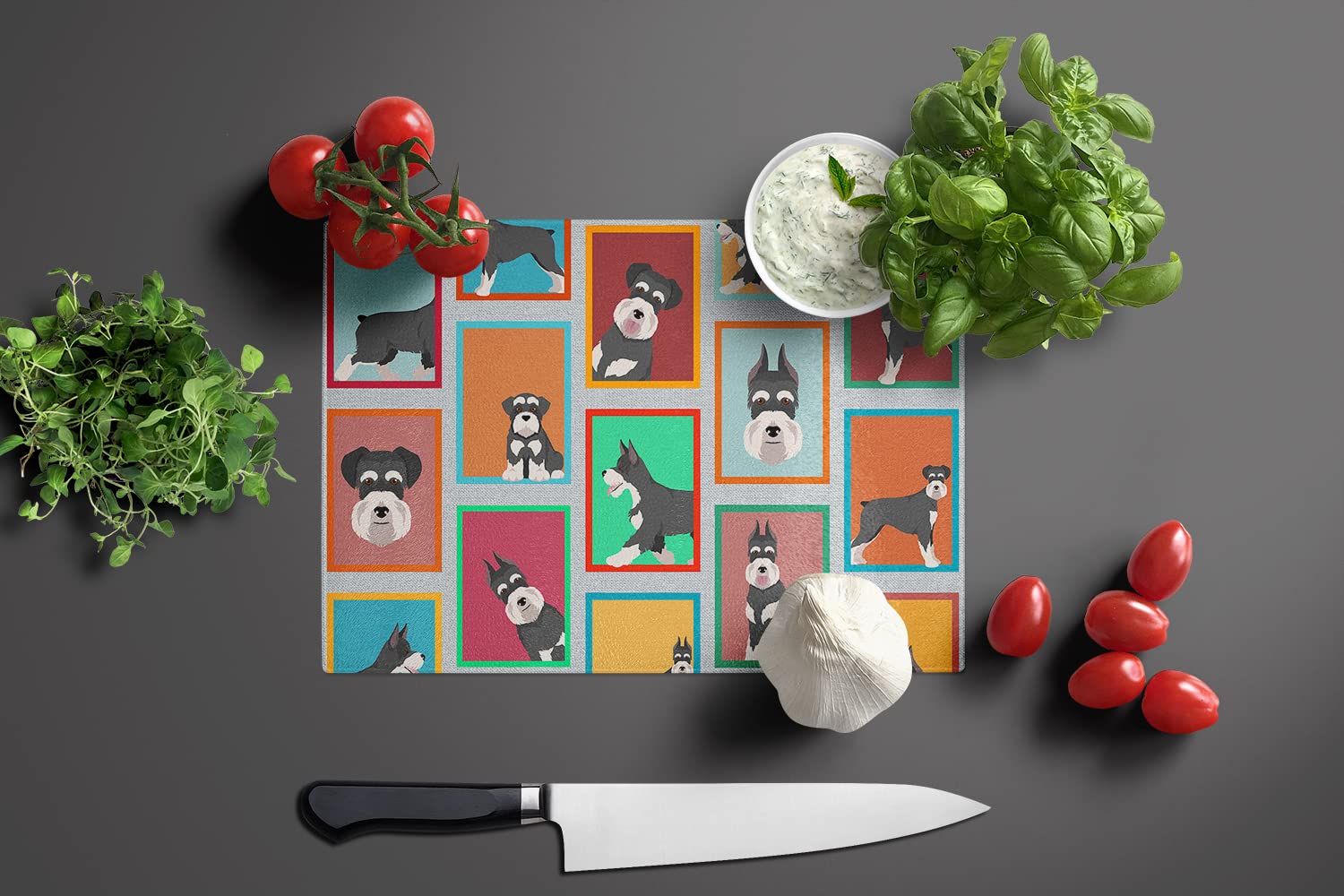 Caroline's Treasures MLM1145LCB Lots of Black and Silver Schnauzer Glass Cutting Board Large Decorative Tempered Glass Kitchen Cutting and Serving Board Large Size Chopping Board