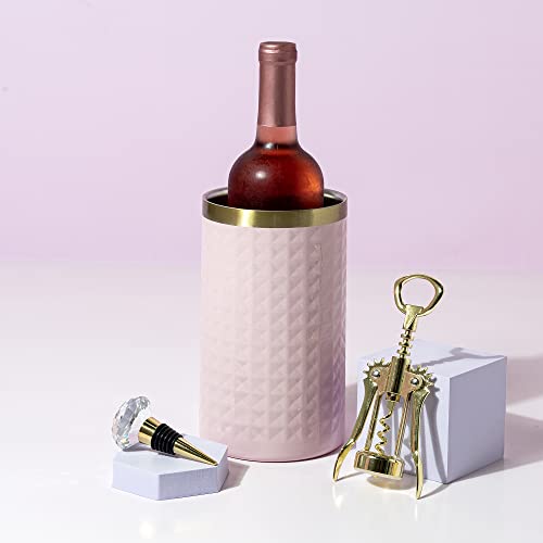 Paris Hilton Wine Bottle Chiller Set, Insulated Double Wall Chiller, Gold Winged Corkscrew Wine Bottle Opener, Diamond Wine Stopper, 3-Piece Set, Pink