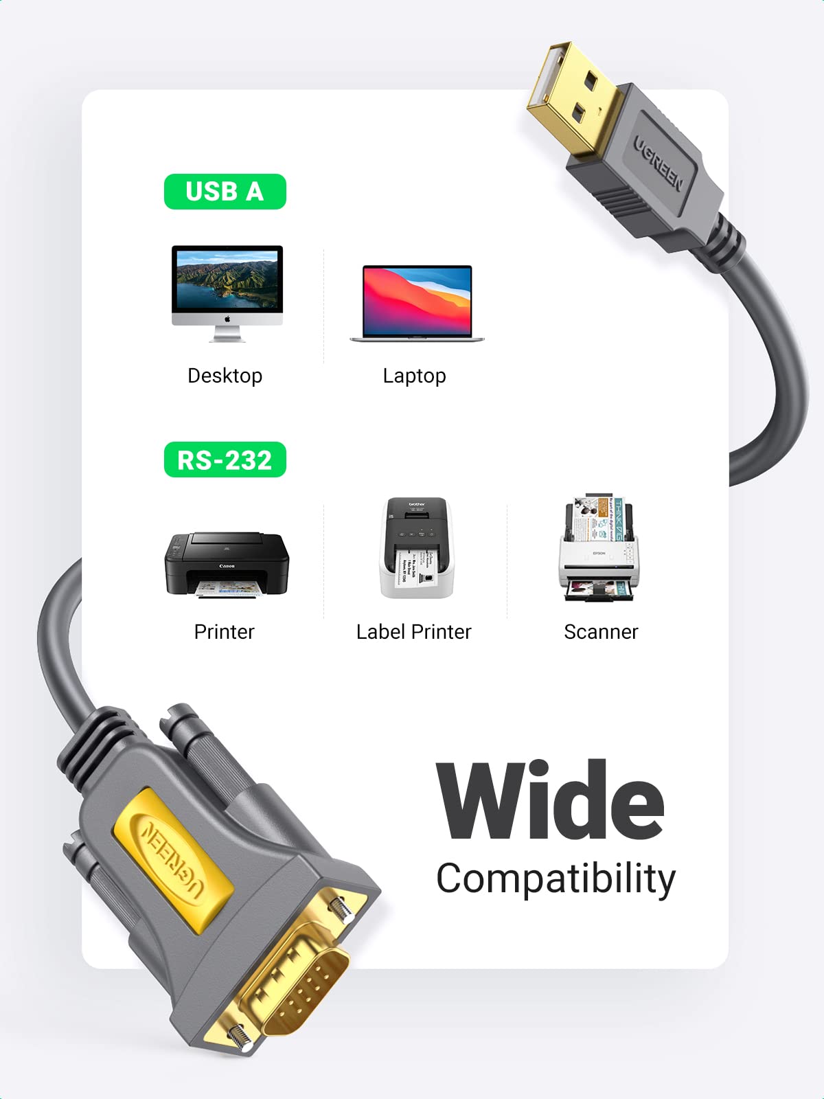UGREEN 6ft USB to Serial Adapter, Serial to USB Adapter DB9 Male 9 Pin with PL2303 Chipset, PVC jacket, RS232 to USB Cable for Windows 11 10 8.1 8 7 XP Vista, Mac OS, Linux