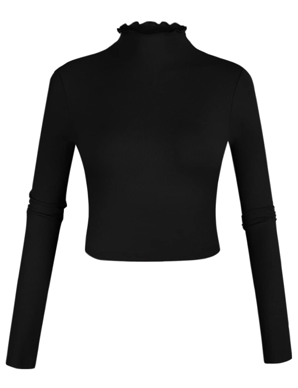 Black Long Sleeve Crop Tops for Women Cute Lettuce Edge Mock Turtleneck Crop Lightweight Base Layer Shirts Medium