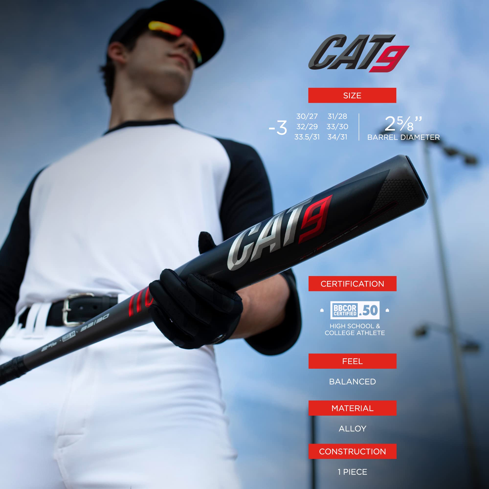 Marucci CAT9 -3 BBCOR Metal Baseball Bat, 2 5/8" Barrel, 33.5"/ 30.5 oz