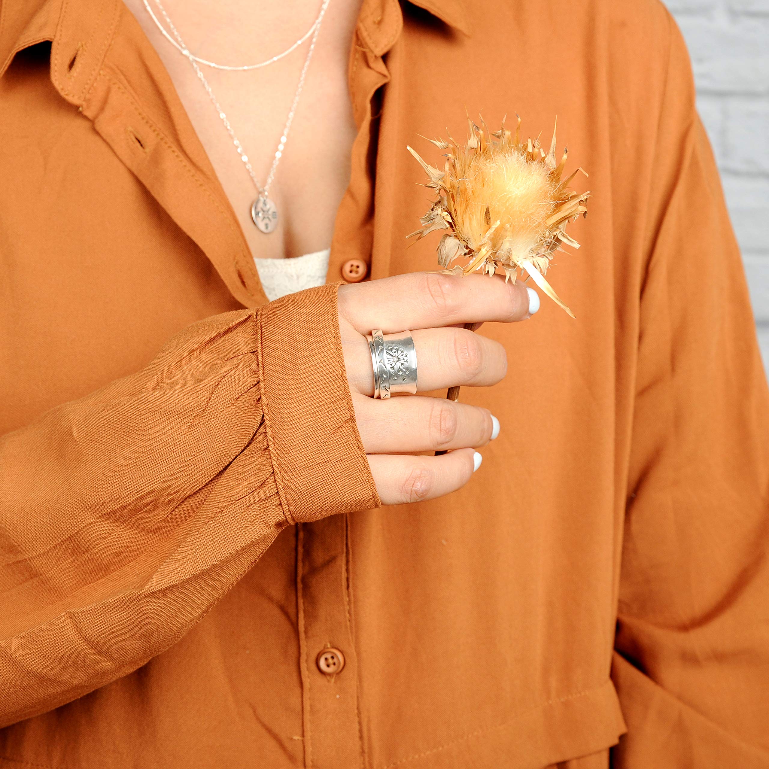 Boho-Magic 925 Sterling Silver Spinner Ring for Women Dandelion Flower Fidget Anxiety Relief Wide Band