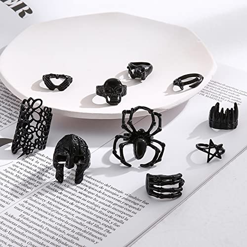 Black Ring Set for Men Women,Vintage Stackable Animal Rings Cool Adjustable Ring Pack Vintage Goth Punk Rings Set Chunky Knuckle Emo Rings Boho Snake Spider Eboy Open Y2K Rings (A)