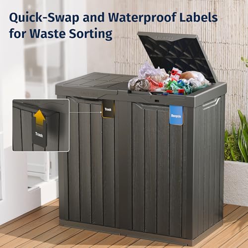 EAST OAK 62 Gallon Outdoor Trash Can, Waterproof Resin Garbage Can with Garbage Sorting Boards, Lid and Tray, Outdoor Waste Bin for Patio, Kitchen, Backyard, Deck, Gray