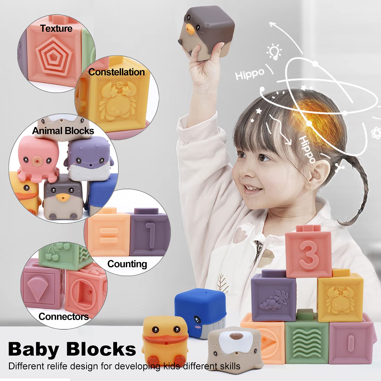 MARUMINE 12PCS Baby Soft Stacking Blocks Squeeze Teething Toys, Educational Montessori Sensory Toy for 6-12 Months Babies