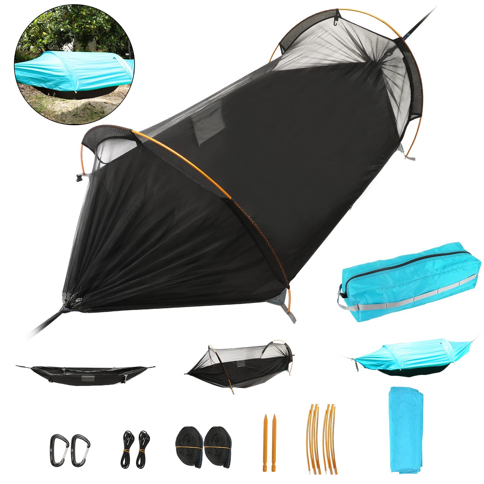 Camping Hammock Tent with Rain Fly Tarp and Mosquito Net Tree Straps,1-2 Persons Bivvy Hammock Set for Backpacking Hiking Travel Yard Outdoor Activities,Blue 108" x 60" x 24"
