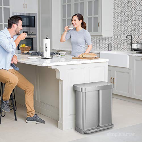 simplehuman 58 Liter / 15.3 Gallon Rectangular Hands-Free Dual Compartment Recycling Kitchen Step Trash Can, Black Stainless Steel