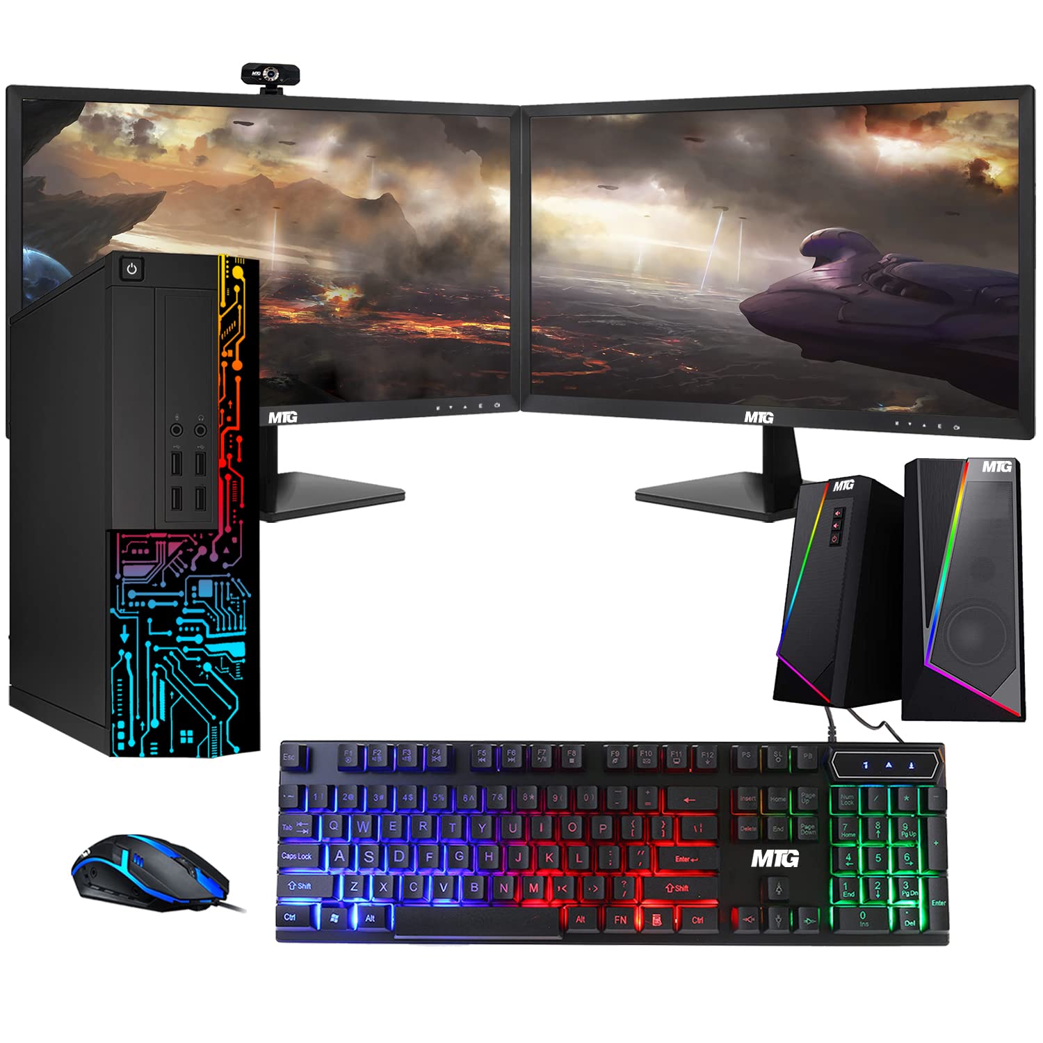 Computer Desktop PC, Intel Core i7, TechMagnet Siwa 8, 16GB RAM, 128GB SSD Boot + 2TB HDD, Dual 27 Inch Monitor, MTG RGB Keyboard Mouse, RGB Speaker with Webcam, WiFi, Win 11 Home (Renewed)