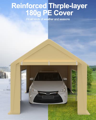 DEXSO Carport 10'x20' Heavy Duty Steel Canopy Height Adjustable & Portable Garage with Roll-up Ventilated Side Doors for Truck Boat Car Port, Party, Equipment Placement, Straw
