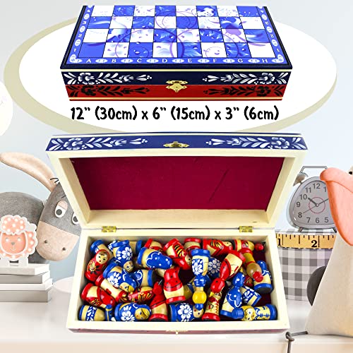 Russian Khokhloma vs Gzhel Themed Chess Set - Hand Painted Wooden Chess Pieces as Matryoshka Dolls - Souvenir Board Games for Adults - Chess Gifts
