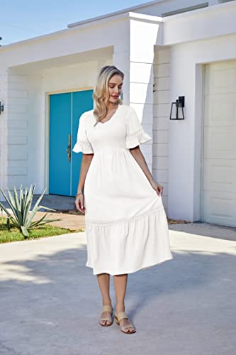 GRACE KARIN Women's V Neck Short Bell Sleeve Smocked Tiered Dress Elastic Waist Lace Patchwork Ruffle Dress White XL