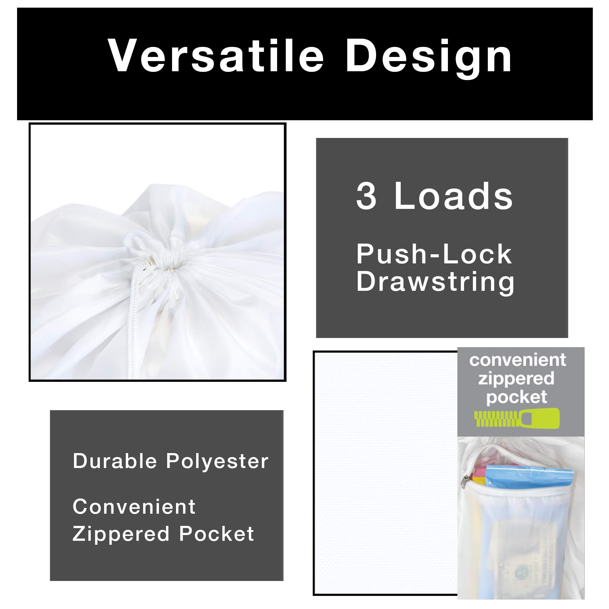 SMART DESIGN Jumbo Laundry Bag with Carry Handle and Push Lock Drawstring - Durable Polyester Nylon Material - Clothes, Sports, Kids - Home Organization Holds 3 Loads - 40 x 30 Inch - White