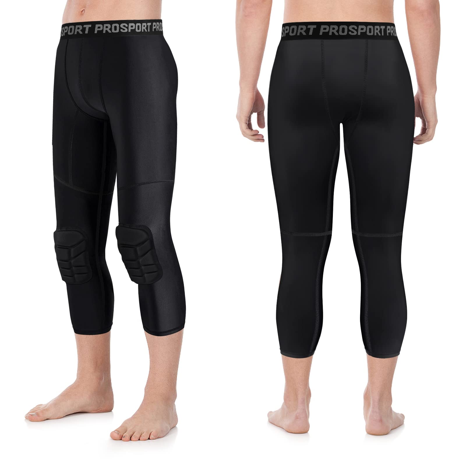 Blaward Mens Boys Compression Pants with Knee Pads 3/4 Capri Sport Tights Basketball Athletic Base Layer Workout Leggings
