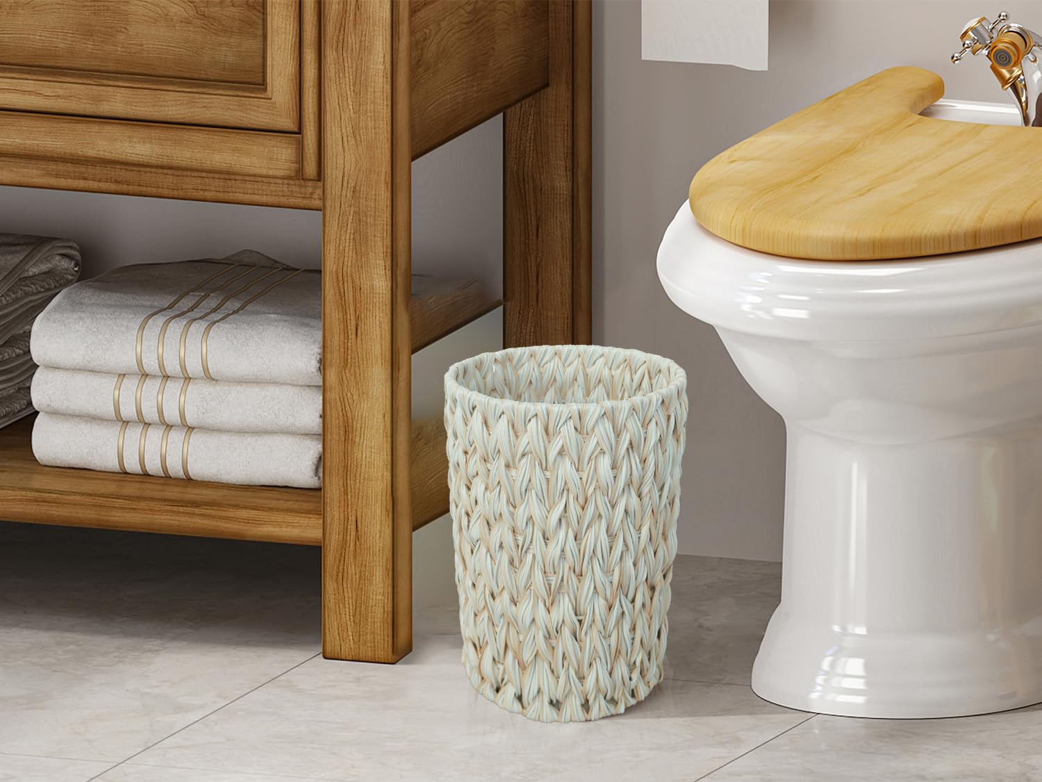 Coeusy Wicker Trash Can,Bathroom Trash Can,Wicker Waste Basket for Bathroom,Decorative Boho Trash Can,Small Waste Basket for Bedroom,Office,Cream White 2 Gallon