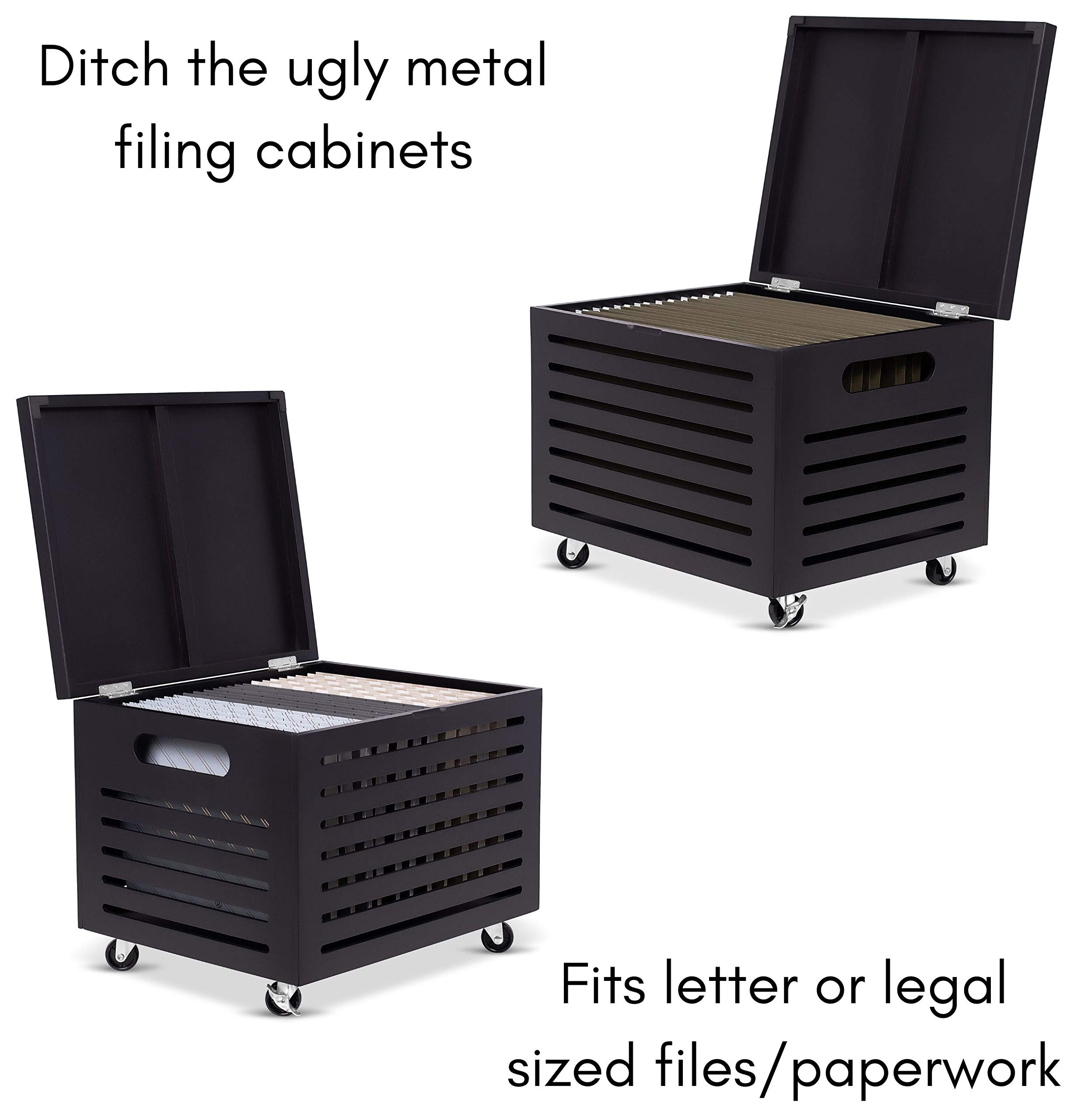 BIRDROCK HOME Rolling File Storage Organizer Box with Lid (NEW VERSION) - Bamboo - Decorative Wood Hanging Filing & Storage Office Box - Letter or Legal - Strong Durable - Toys Blankets - Cafe Noir