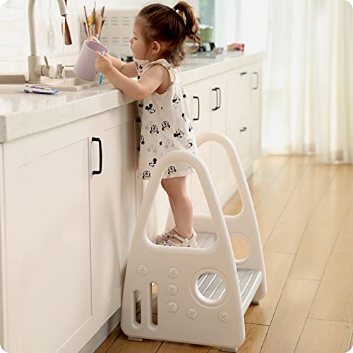 Toddler Step Stool, Kids Two Step Tower for Bathroom Sink, Toilet Potty Training, Kitchen Counter, Children Step Up Learning Helper with Safety Handles and Non-Slip Pads,Gray