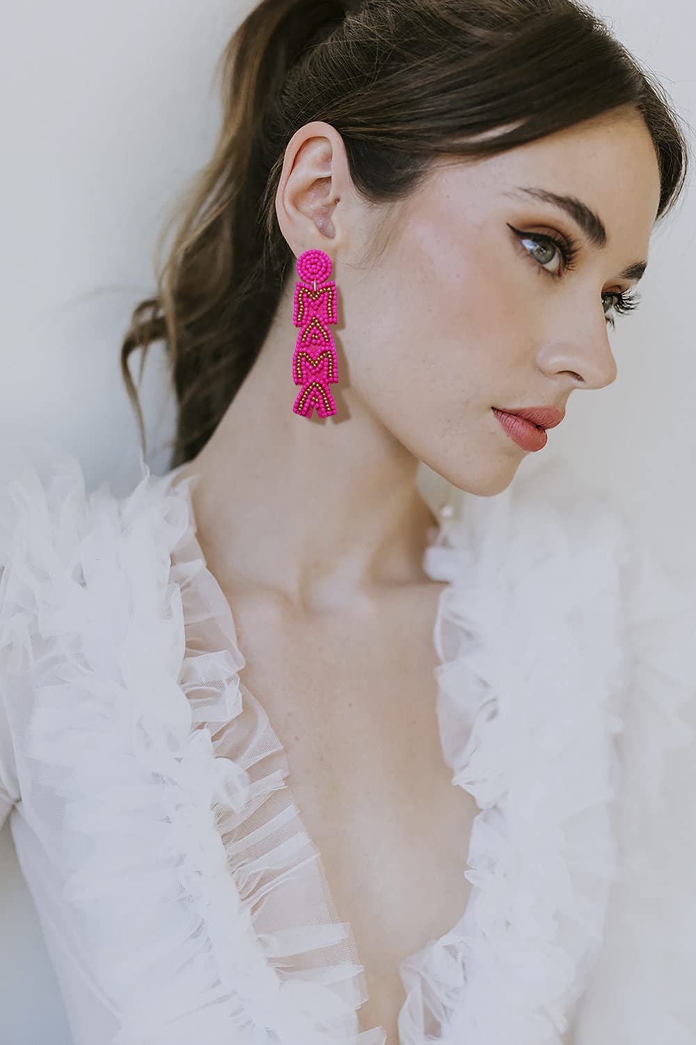 Boderier Mother's Day Beaded Earrings Long Rhinestone MAMA Beaded Drop Earrings Mother's Gift (Hot Pink)