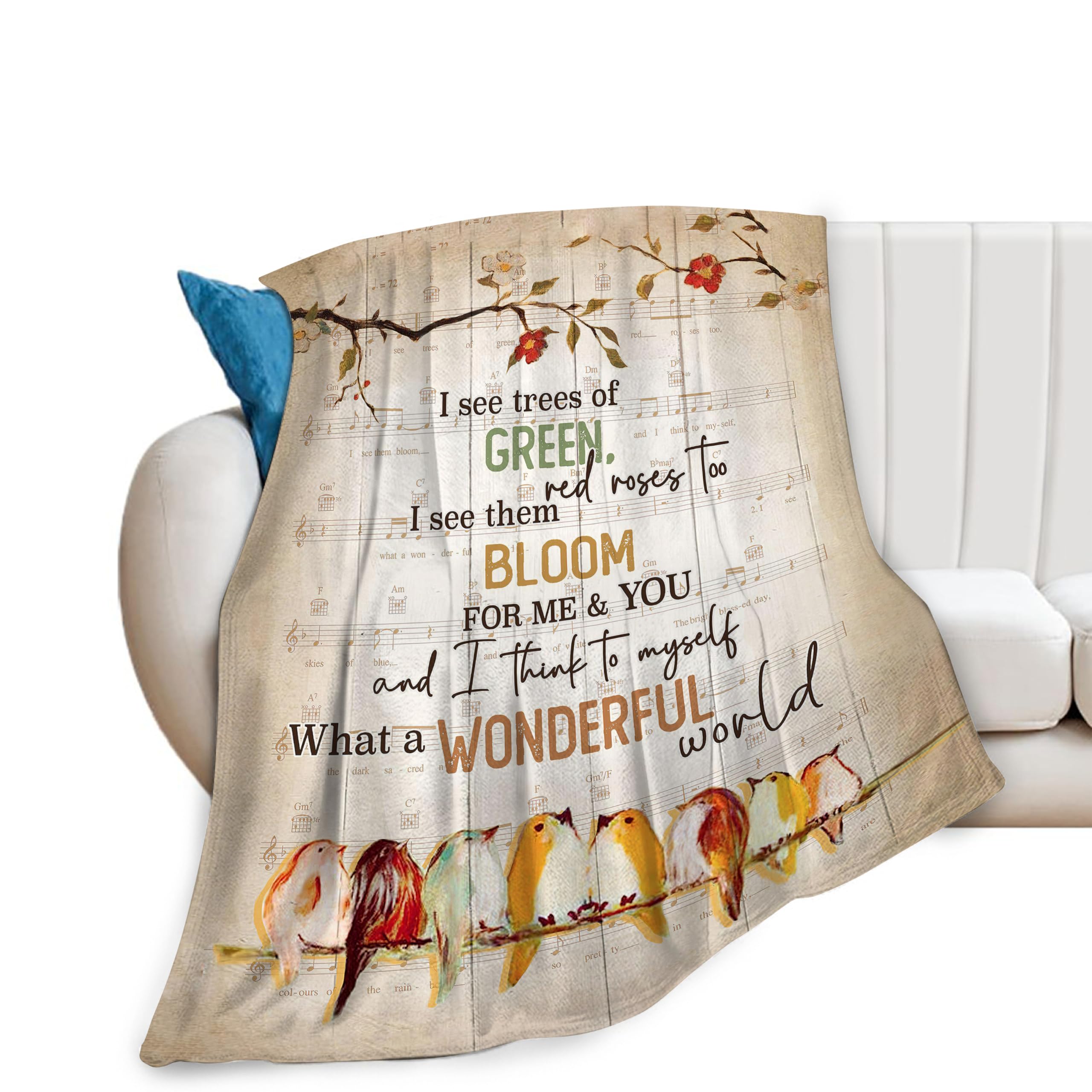 Birds Blanket Vintage Music Birds Throw Blanket Rustic Farmhouse Country Plush Stuff Blanket Fleece Fuzzy for Girls Boys Soft Warm Cozy Flannel for Couch Bed Sofa Gifts for Kids Teens Adults 50"x40"