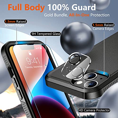 Justcool 5-in-1 iPhone 14 Plus Case: 10ft Military-Grade Drop Protection, 2 Tempered Glass & Camera Lens Protectors, Full-Body Shockproof (Black)