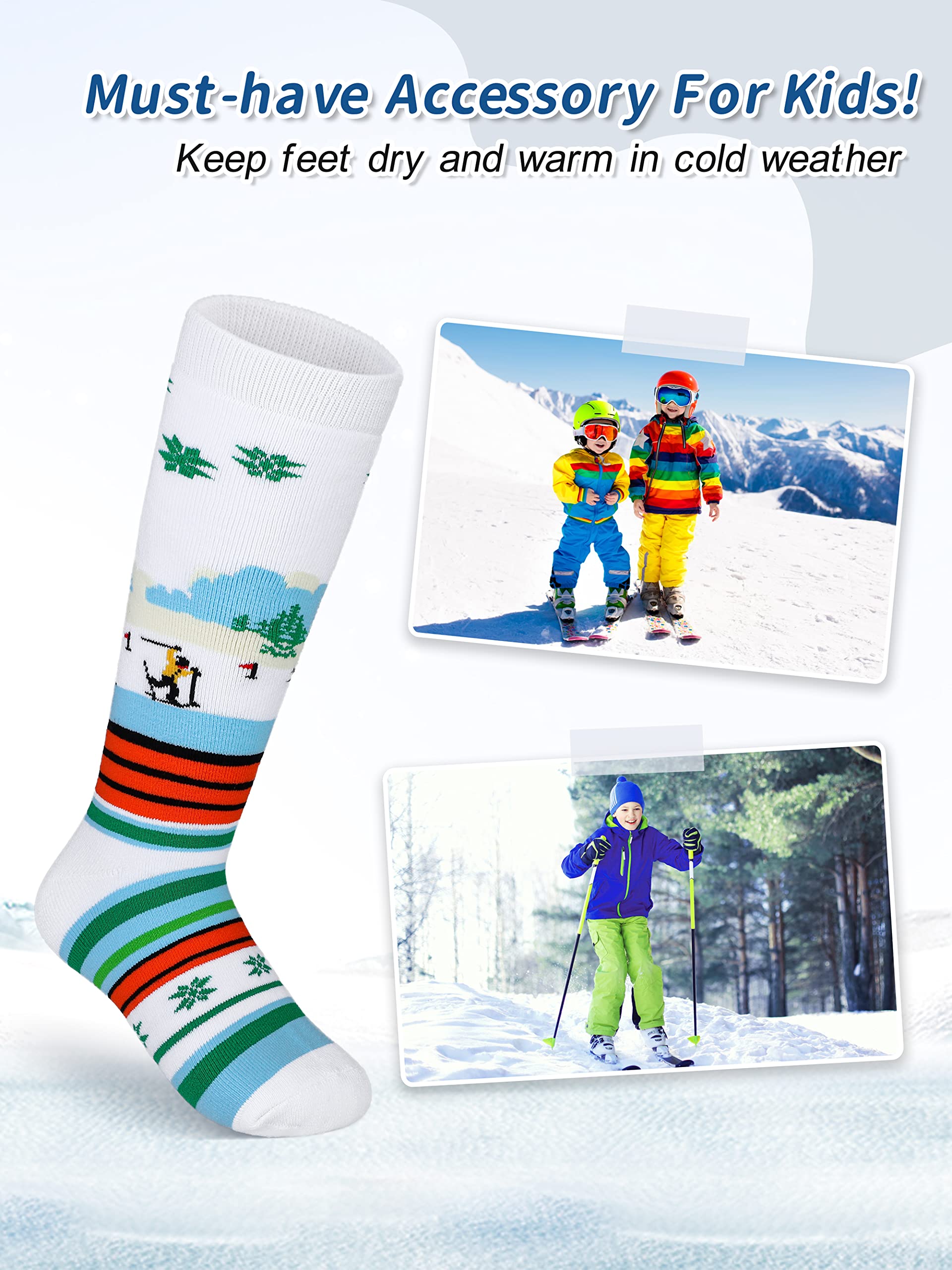 Cooraby 3 Pack Toddlers Kid Ski Socks Winter Warm Thermal Snow Socks Thick Boot Socks Skiing Snowboarding Hiking Socks for Boys Girls