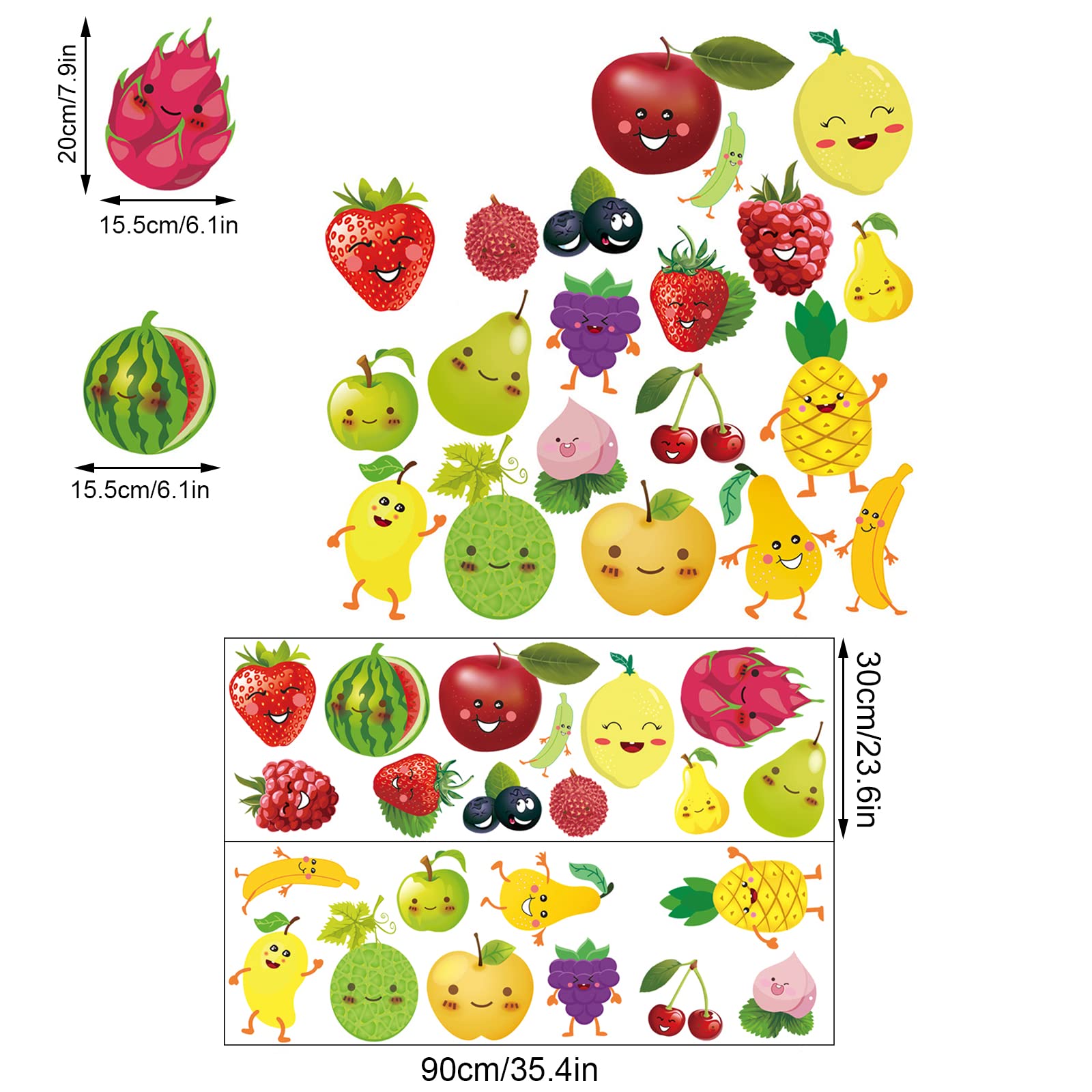 Cartoon Fruit Wall Sticker DIY Kitchen Green Fruit Apple Watermelon Pear Banana Sticker Decorative Peel and Stick Glass Door Refrigerator Door Window Restaurant Wall Sticker