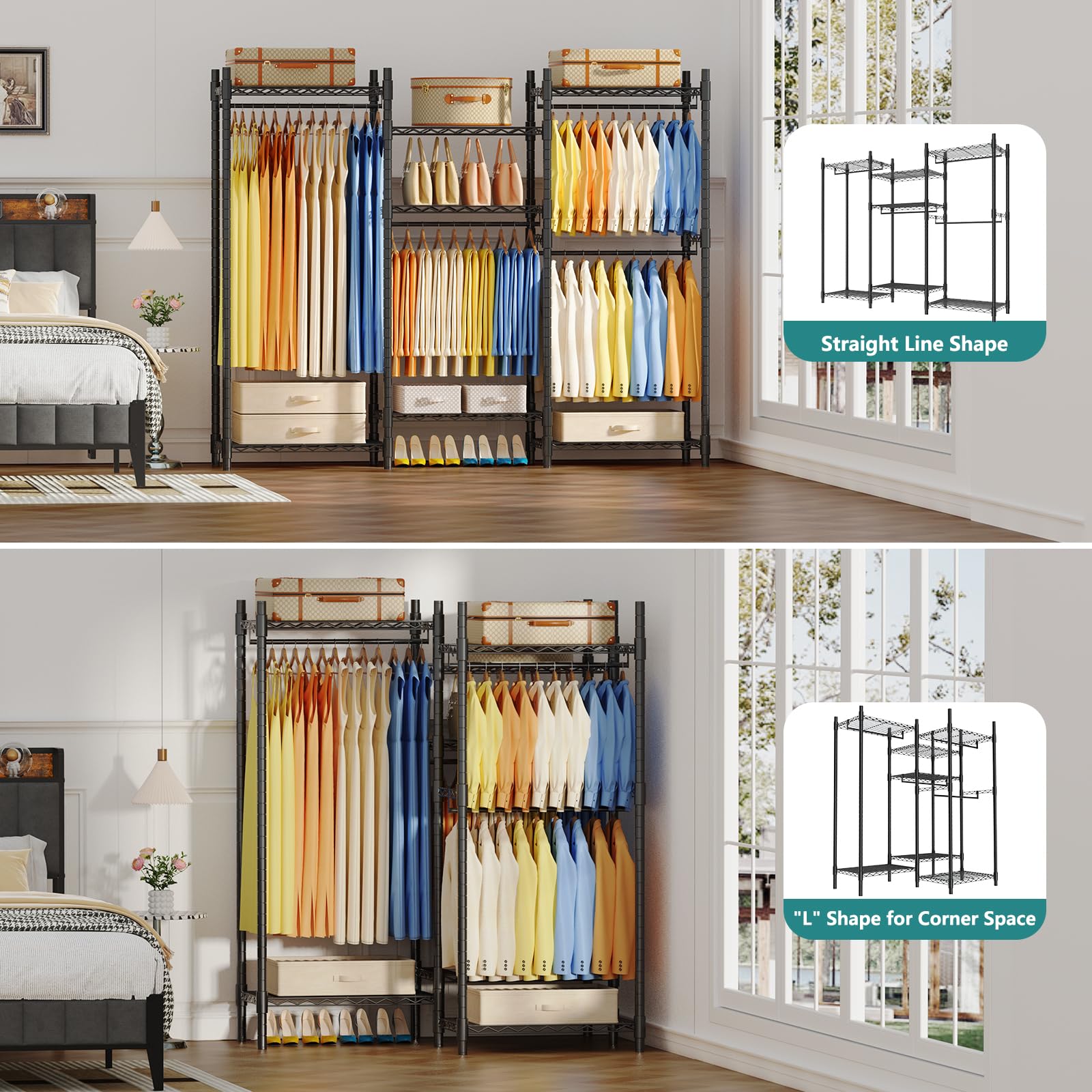 EasyCom Garment Rack, Heavy Duty Clothes Rack with 7 Shelves and 4 Hanger Rods, Closet Organizer System, Closet Clothes Rack, Free Standing Closet, 17.7" D x 70.5" W x 76.8" H, Max Load 900LBS, Black