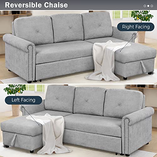 ERYE L-Shaped Pull Out Sleeper Couch Bed Velvet Tufted Upholstered Convertible Reversible Sleep Sectional Sofa with PullOut Sofabed for Living Room