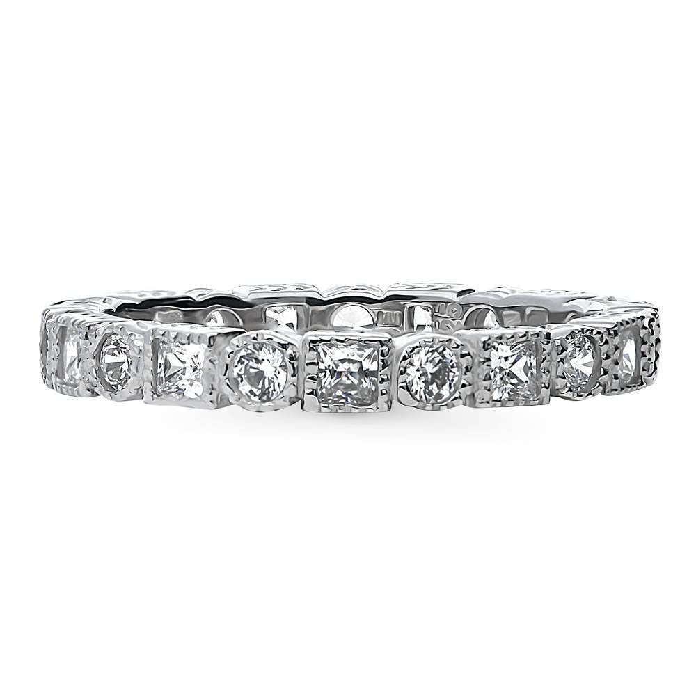BERRICLE Sterling Silver Art Deco Wedding Rings Milgrain Bezel Set Cubic Zirconia CZ Anniversary Eternity Ring for Women, Rhodium Plated Size 6