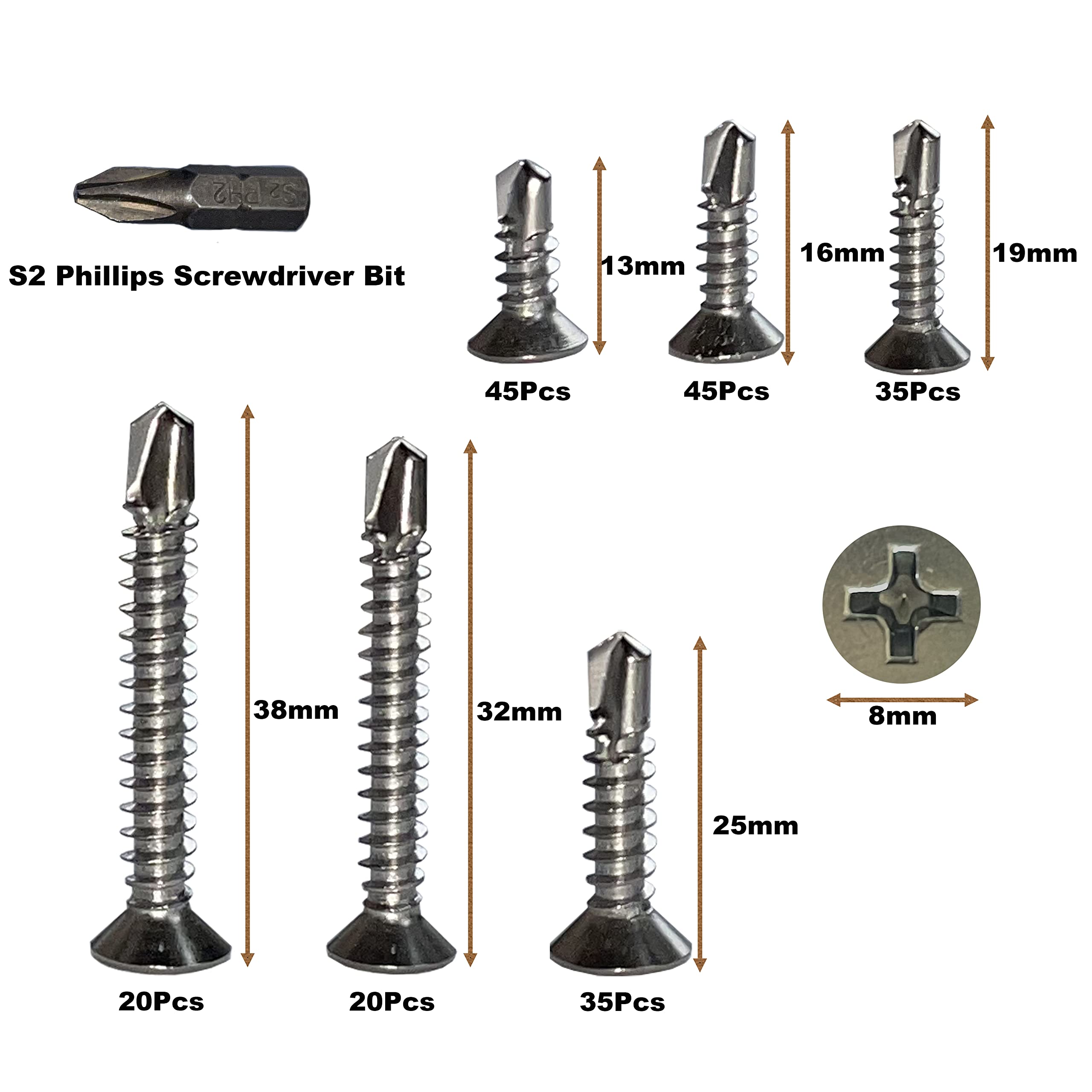 Bobibbi 410 Stainless Steel #8 Self Drilling Screw Assortment Kit, Flat Head Sheet Metal Screws - Size: #8 x 1/2'' - 1-1/2'' - Pack of 200