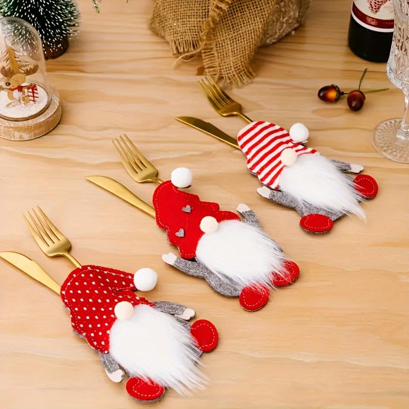 Christmas Gnome Cutlery Bags, Set of 6, Holiday Table Decorations, Polyester
