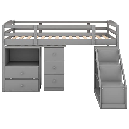 ERDAYE Twin Size Wooden Loft Bed Frame with Multifunctional Movable Built-in Desk, 5 Drawers and Staircase Bring Storage Shelf for Bedroom Guest Room Furniture, Gray