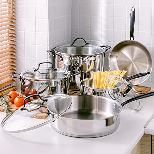 GrandTies Tri-Ply Stainless 4-Piece Induction Pots and Pans Set, Saucepan, Stockpot, Kitchen Cooking Pot with Lid and Black Metal Handle, Dishwasher Safe Cookware