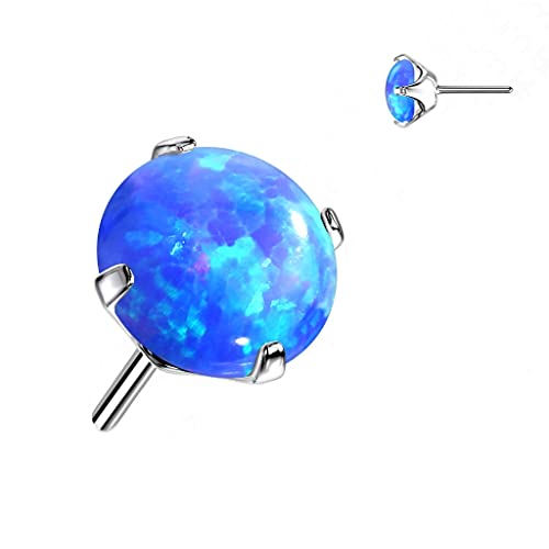 BODY DAZZ Prong Set Synthetic Opal Push in Titanium Top, Use with Threadless Post for Labret, Nose Rings, Cartilage Earring, Lip Piercing (Blue 4mm Gem)