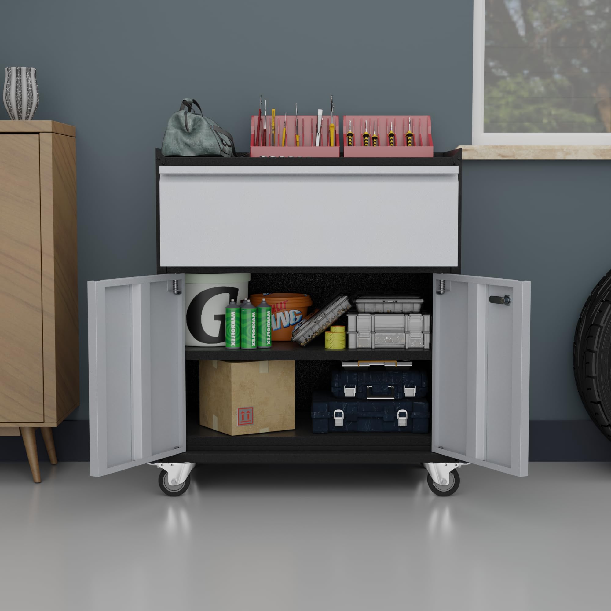 SUXXAN Metal Cabinet with Wheels/Drawers, Storage Cabinet on Wheels, Tool Cabinet with Wheels, Rolling Garage Cabinet with 2 Doors/1 Adjustable Shelves for Home/Office/Garage, Assembly Required