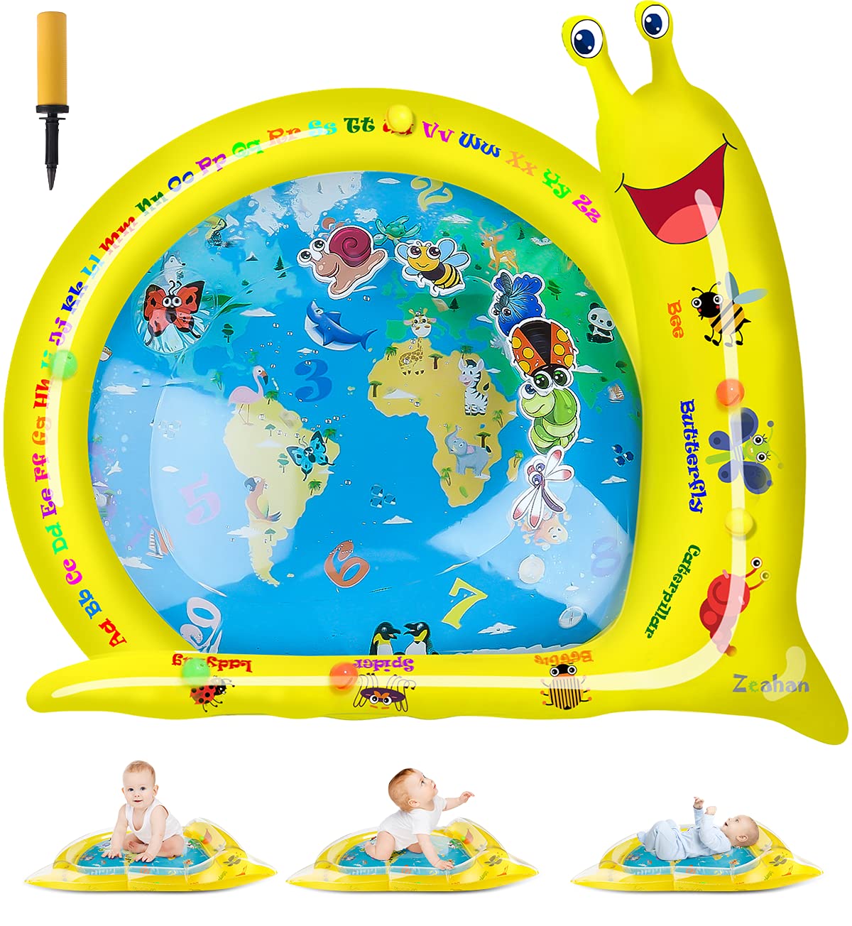 Zeahan Inflatable Tummy Time Mat for 3 to 24 Months Baby, Fun Baby Water Mat Infant Toy for Newborn Girls Boys, Cute Snail Shape, 30" 34"