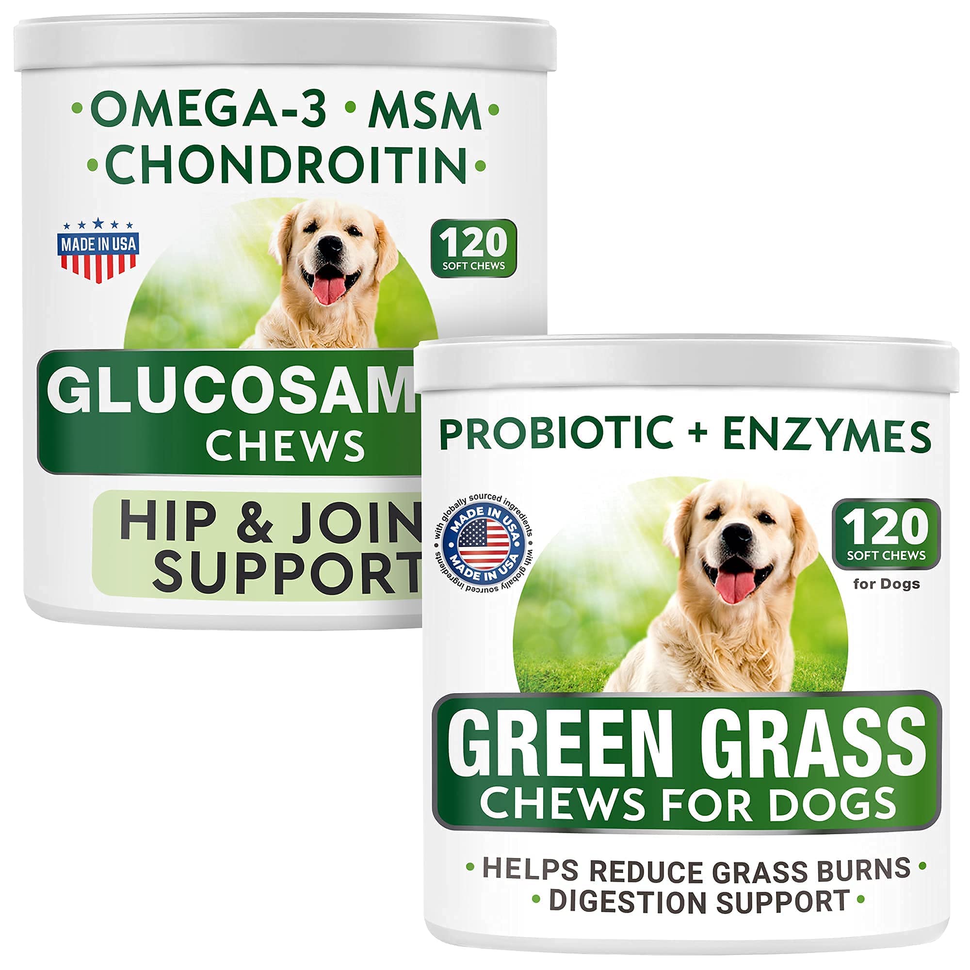 Glucosamine Dog Treats + Grass Treatment for Dog Urine Bundle - Hip Support and Joint Pain Relief Supplement w/ Chondroitin, MSM, Omega-3 + Pee Lawn Repair w Probiotics - Dog Urine Neutralizer