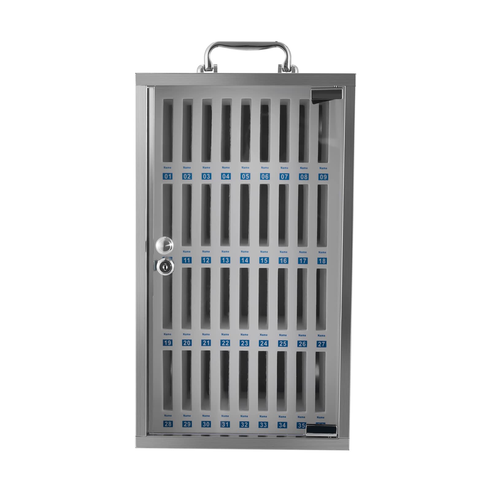 BANLICALI Phone Locker, 36-Slot Stainless Steel Cell Phone Locker Box, Desktop & Wall-Mounted Cell Phones Storage Cabinet with Door Locks and Handle for Classroom Office Employees Silver